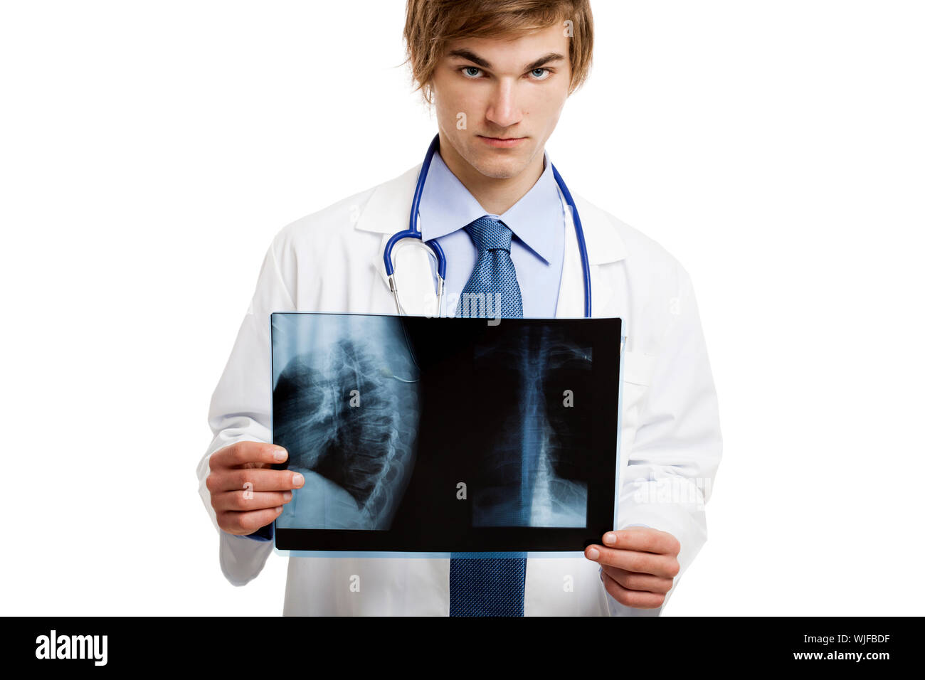 Portrait of a handsome doctor holding a RX, isolated over a white ...