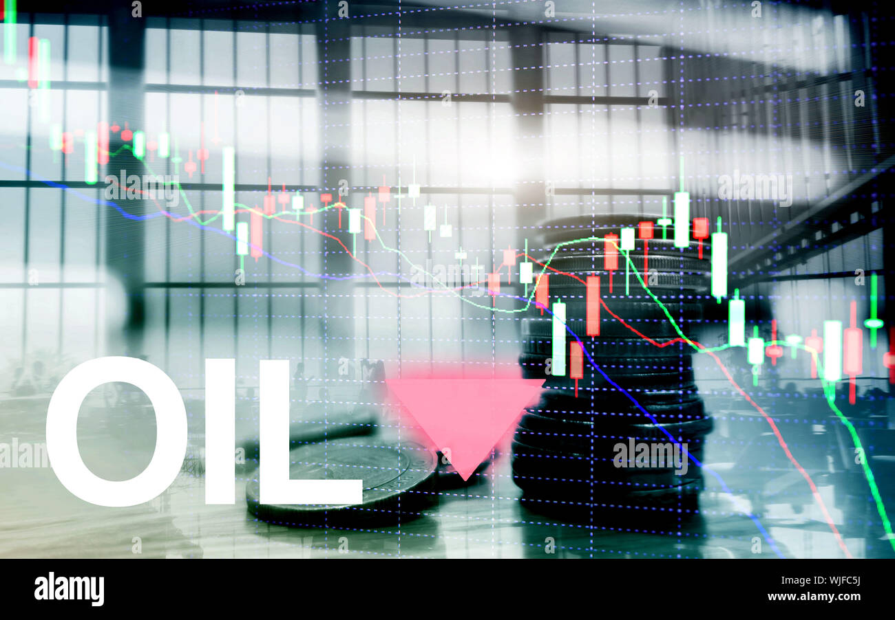 Oil trend down. Candle graph chart Oil barrels and a financial chart on ...