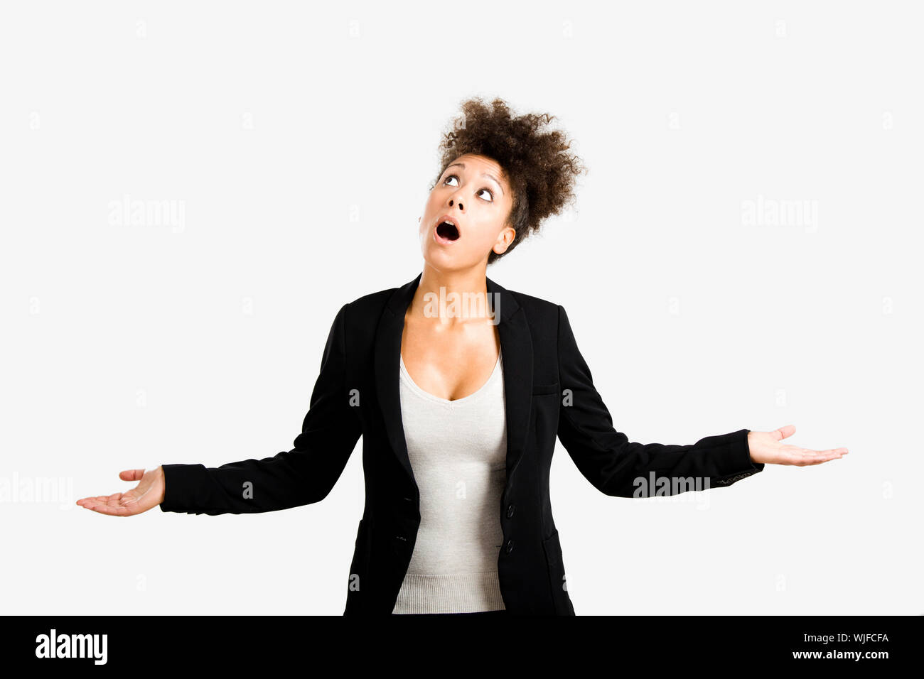 Business woman trying to catch something falling from the sky, isolated ...