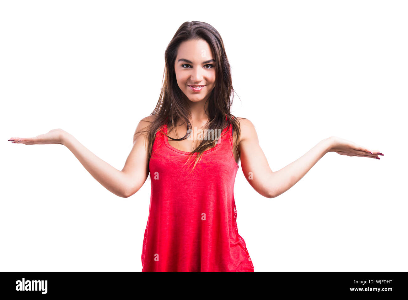 Beautiful young woman with arms open making a scale, isolated over a ...