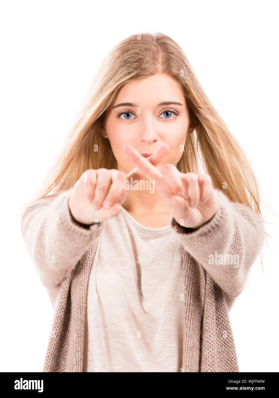Beautiful blonde girl promise something, isolated over white background ...