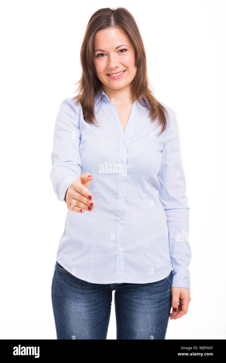 Beautiful and happy woman giving a hand shake isolated over white ...