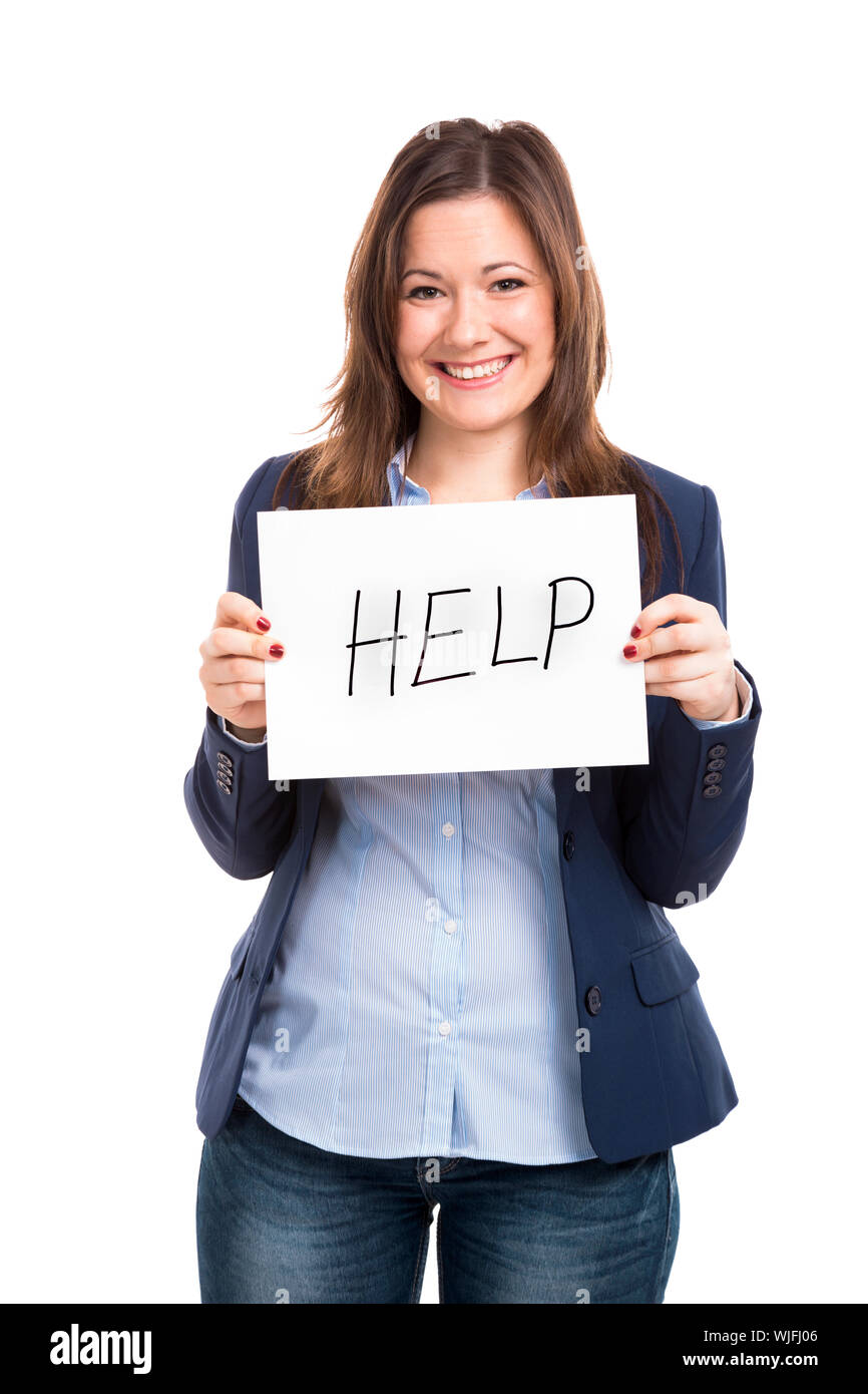Business woman holding a paper with the word Help, isolated over white ...