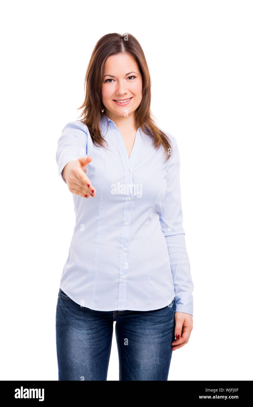 Beautiful and happy woman giving a hand shake isolated over white ...