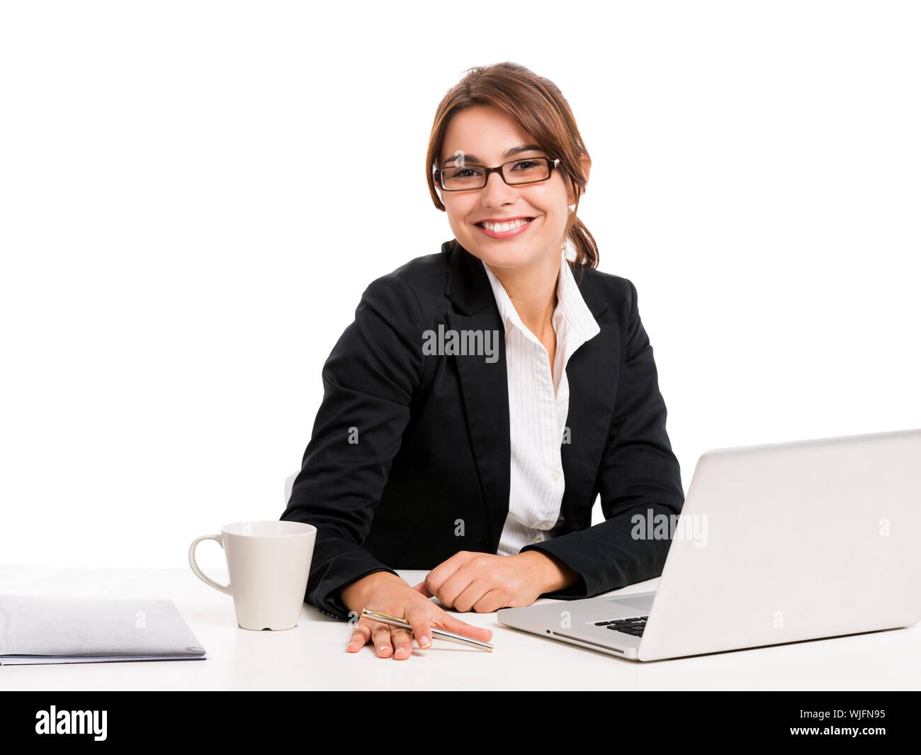 Beautiful and happy hispanic business woman working in the office, isolated over a white ...