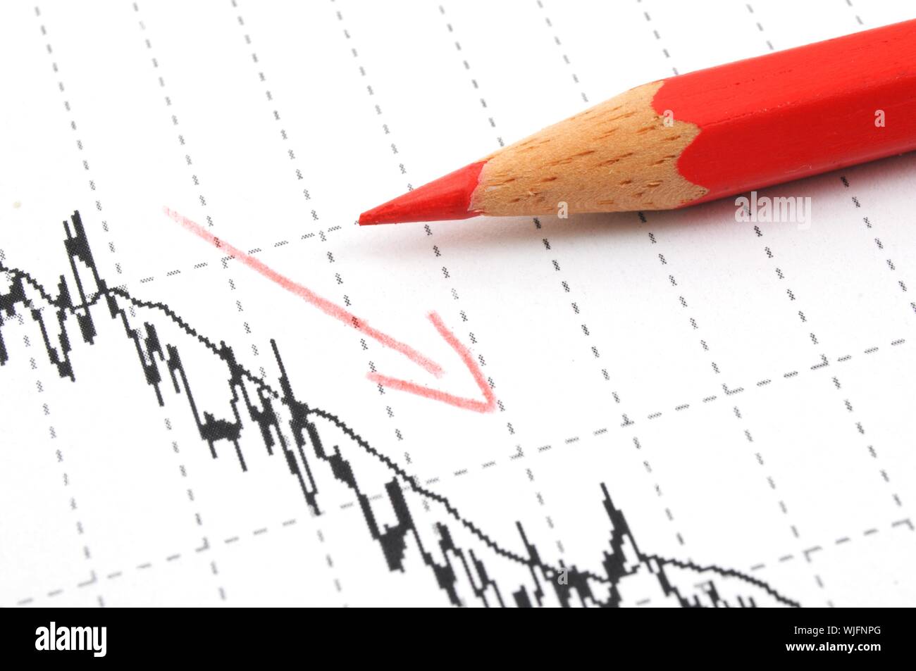 negative business data or chart showing financial crisis with red pen ...