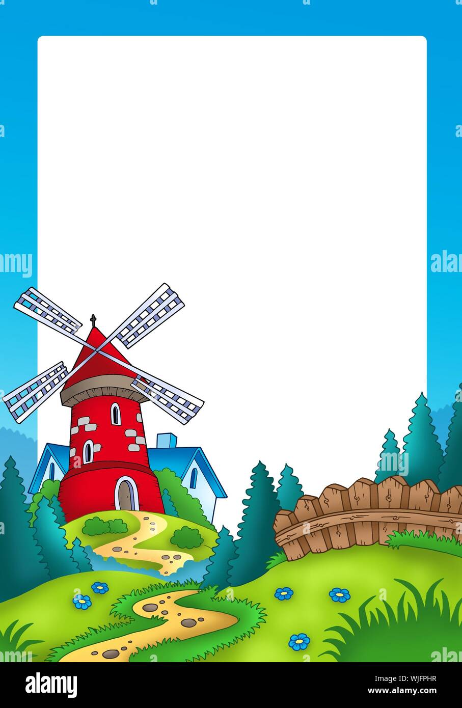 Frame with landscape and red mill - color illustration Stock Photo - Alamy
