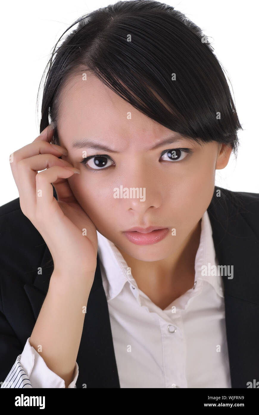 Anxious business woman face, closeup portrait of Asian office lady on ...