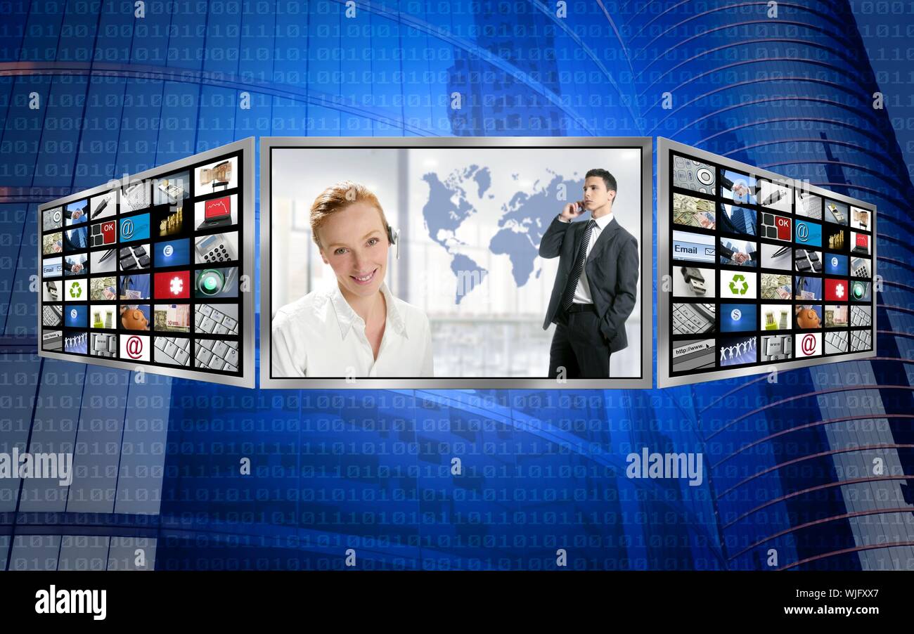 Three screen monitor, business world tech communication Stock Photo - Alamy