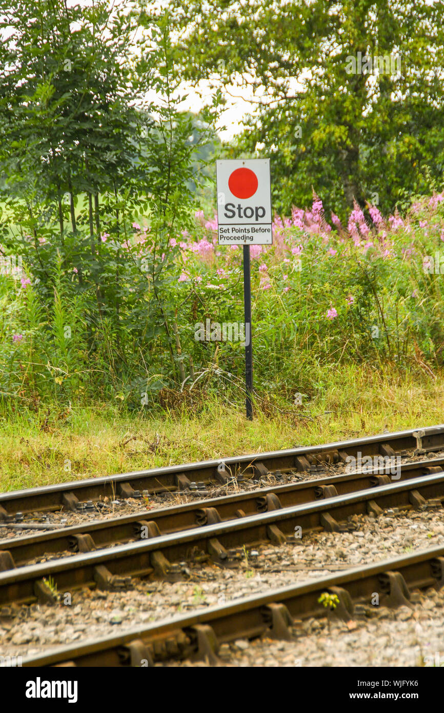 CRANMORE, ENGLAND - JULY 2019: Stop sign for train drivers at the side ...