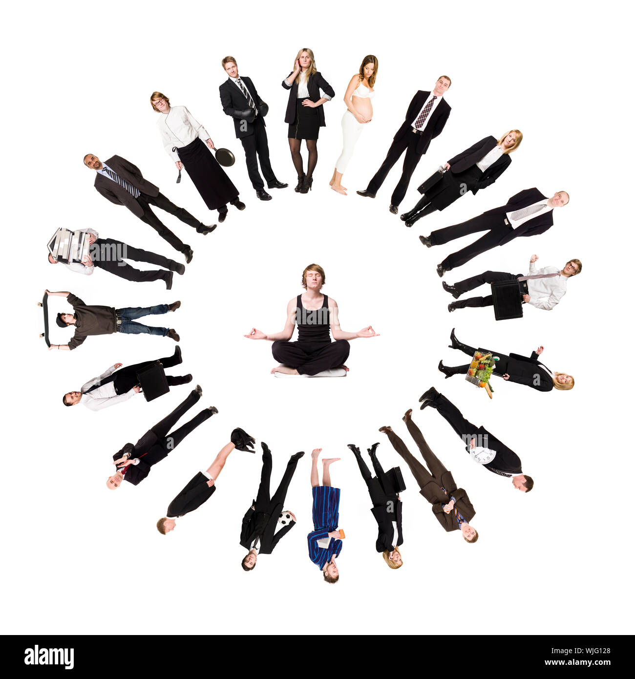 Circle of real people with a man meditating in the middle Stock Photo ...