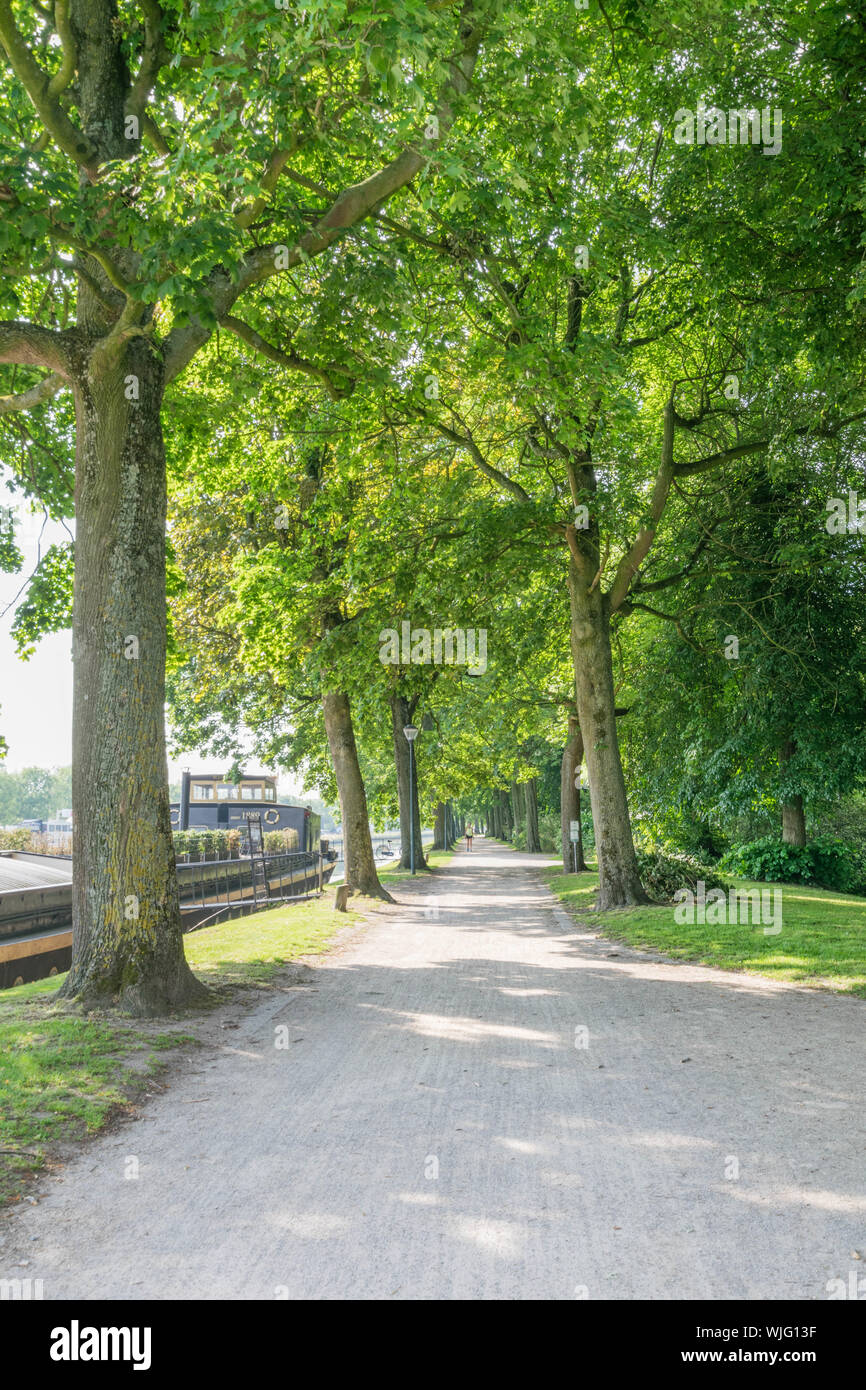 Beautiful tree-lined park path, with a barge anchored on the canal, in ...
