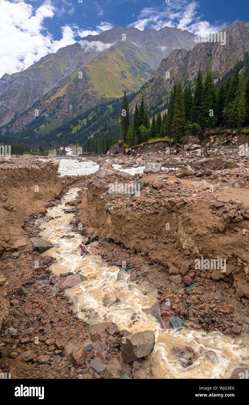 Riverbed after mudflow in the mountains; natural disasters concept ...
