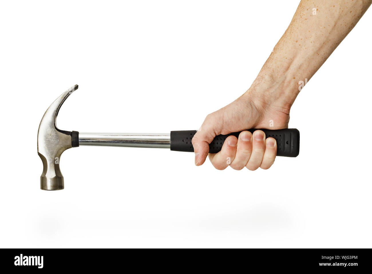 The hand holding the hammer isolated on a white background Stock Photo ...