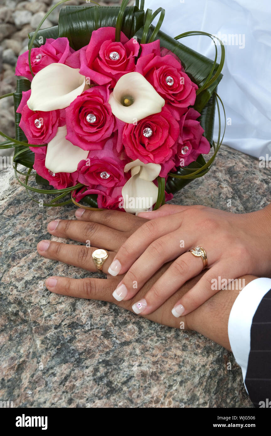 Just married couple showing their wedding rings Stock Photo - Alamy