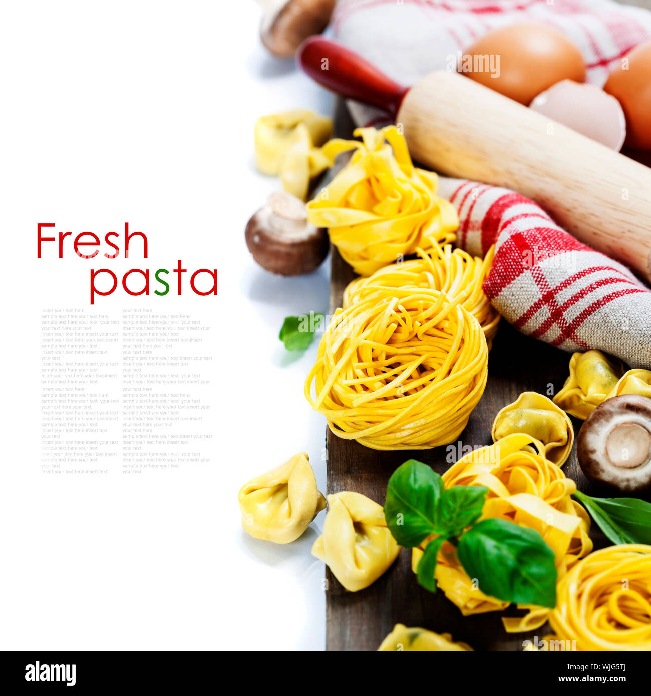 Fresh pasta and italian ingredients on wooden table (with easy ...