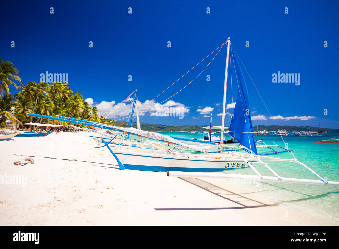 Filipino boat in the turquoise sea, Boracay, Philippines Stock Photo ...