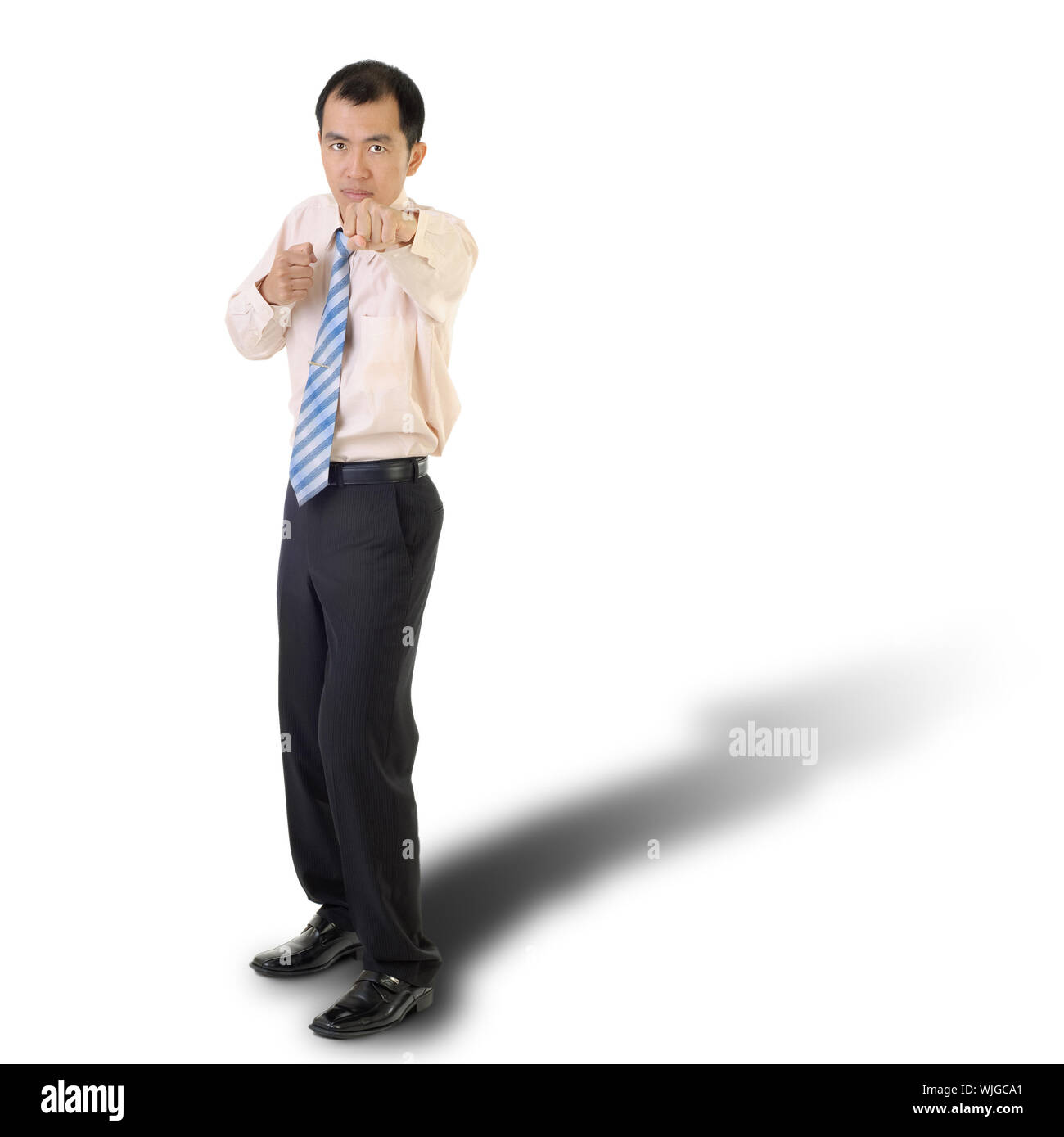 Business man fight, full length portrait isolated on white Stock Photo ...