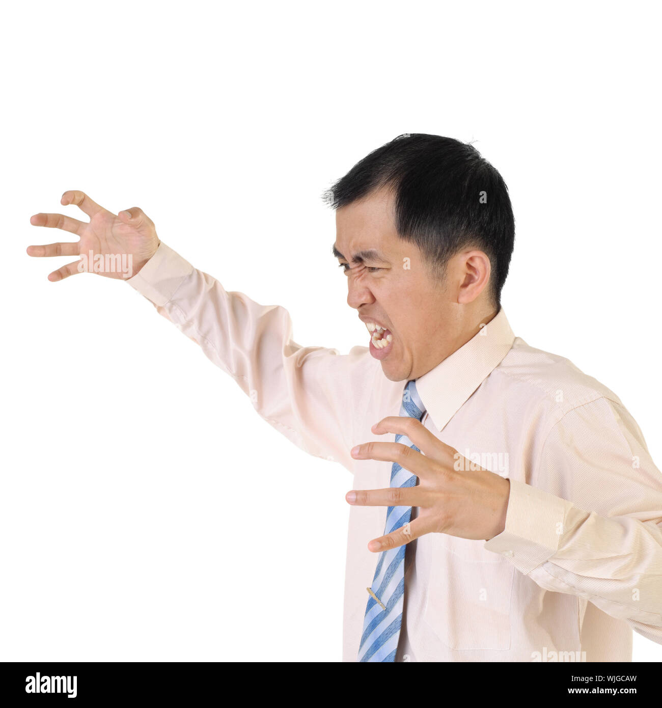 Angry executive open arms, closeup portrait against white Stock Photo ...