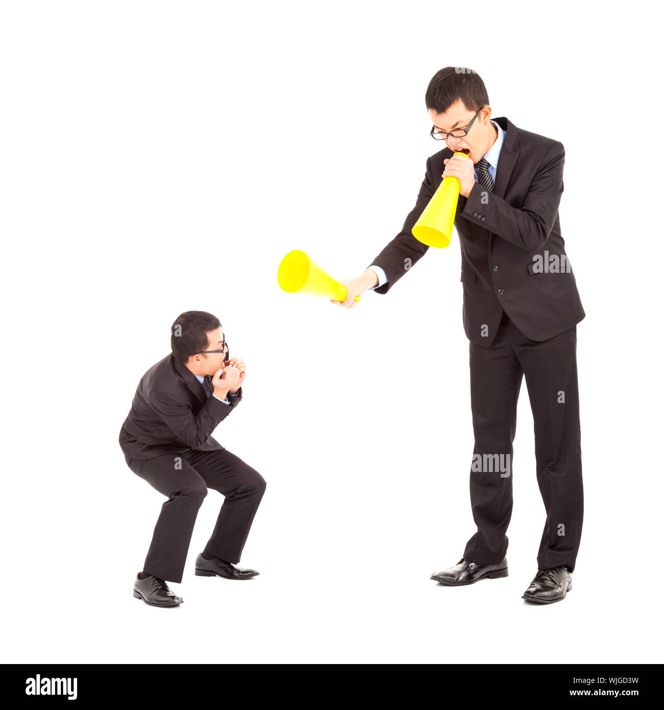 businessman blame or encourage to worker with megaphone Stock Photo - Alamy