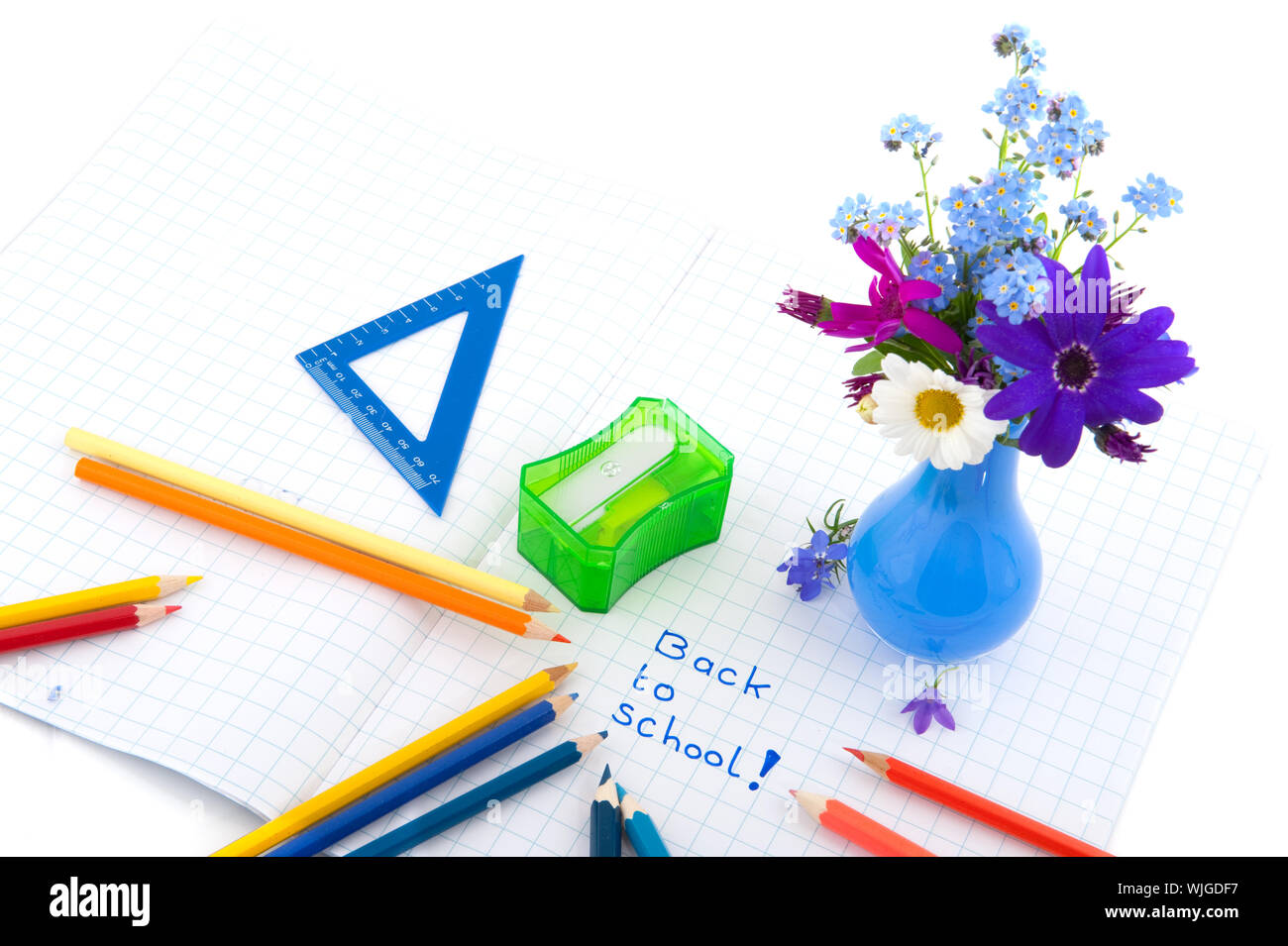Back to school in cheerful colors with flowers and pencils Stock Photo ...