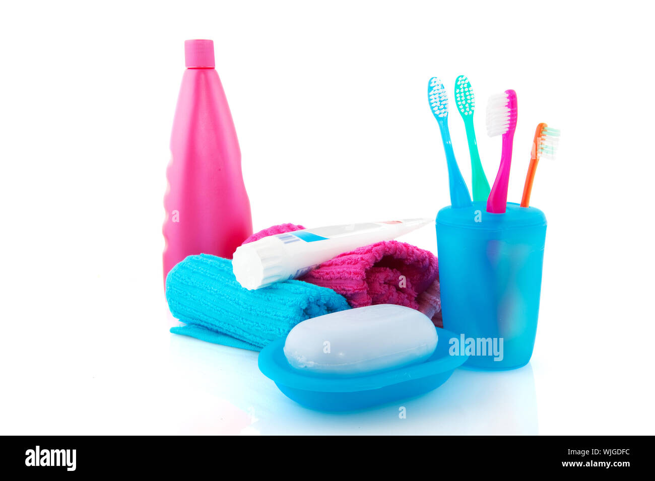 daily care in the bathroom with shampoo soap and toothpaste Stock Photo ...