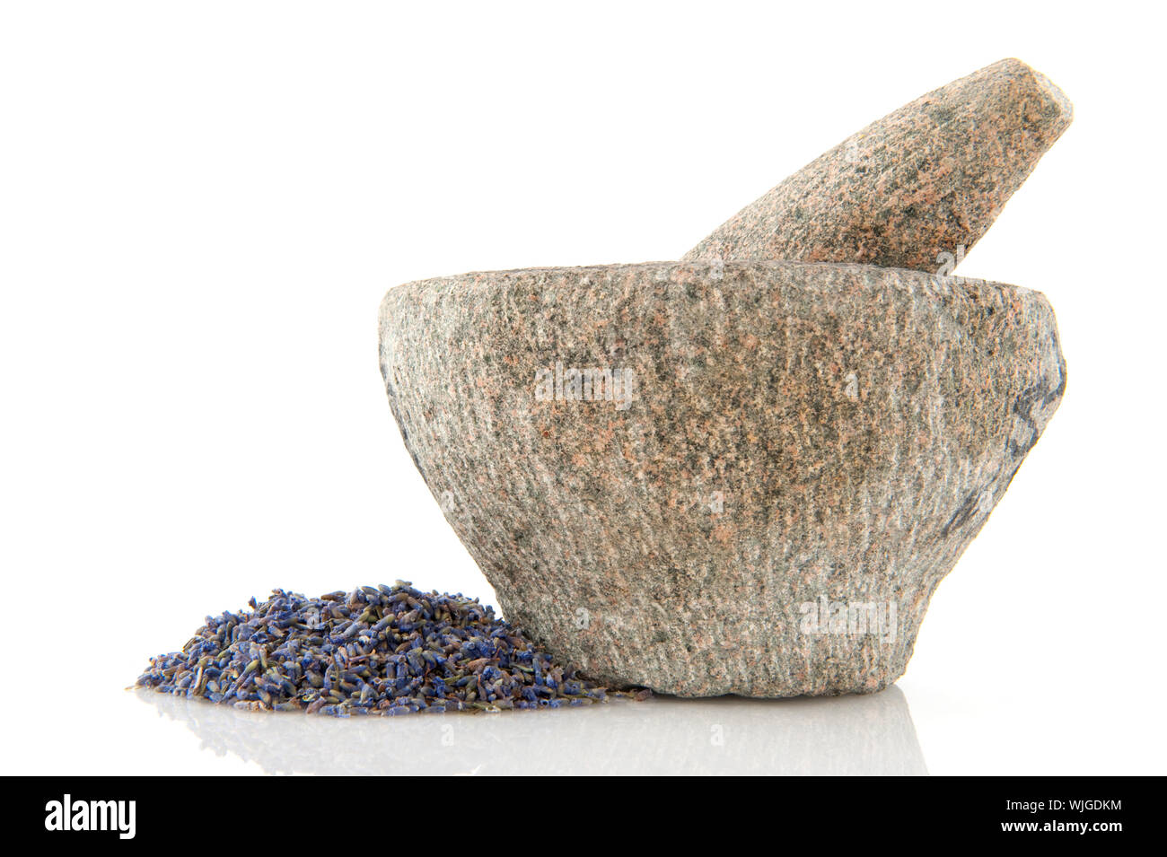 Stone mortar for preparing lavender herbs isolated over white Stock Photo - Alamy