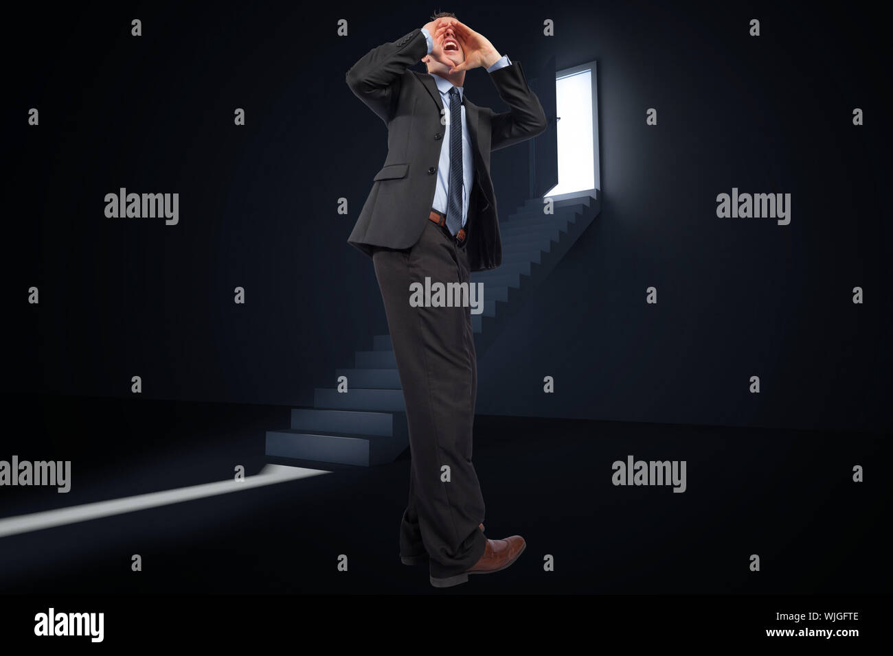 Shouting businessman against door opening to show red arrow Stock Photo ...