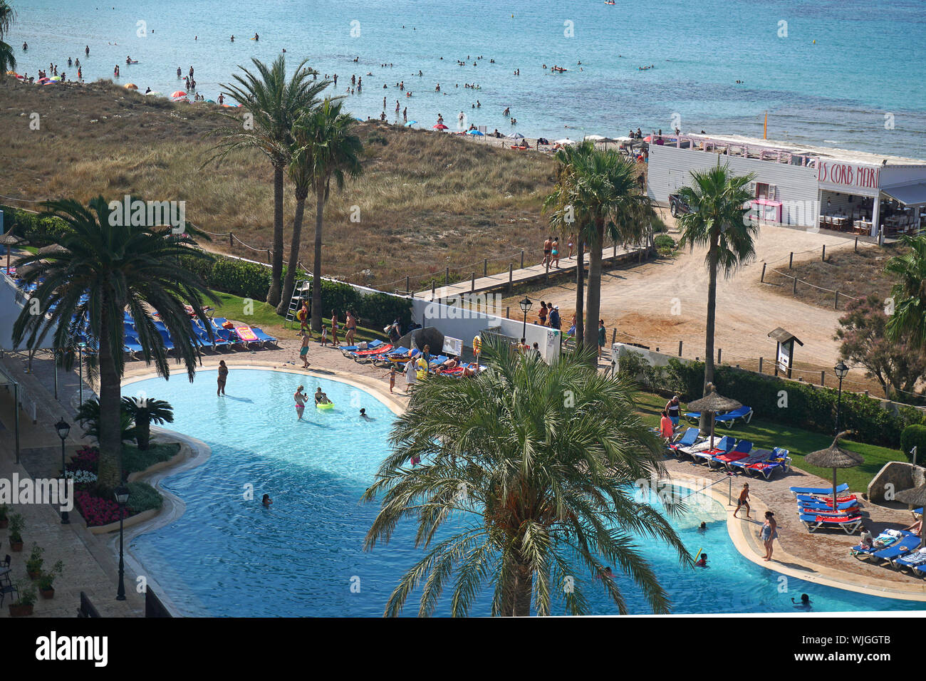View from the Hotel Sol Milanos Pinguinos, Menorca, Spain overlooking ...