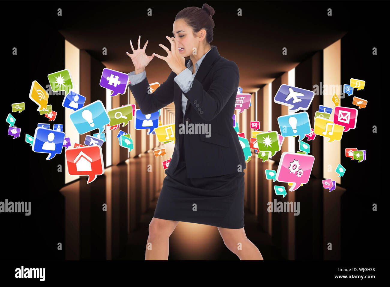 Angry businesswoman gesturing against gloomy sky seen through window ...