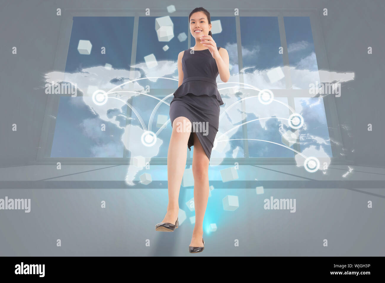 Businesswoman stepping up against gloomy sky seen through window Stock ...
