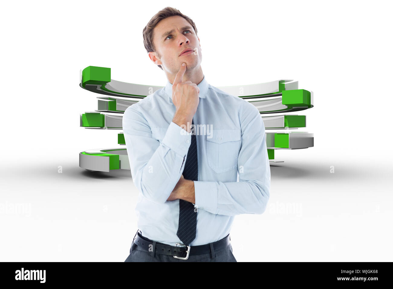 Thinking businessman with finger on chin against green and white curved ...
