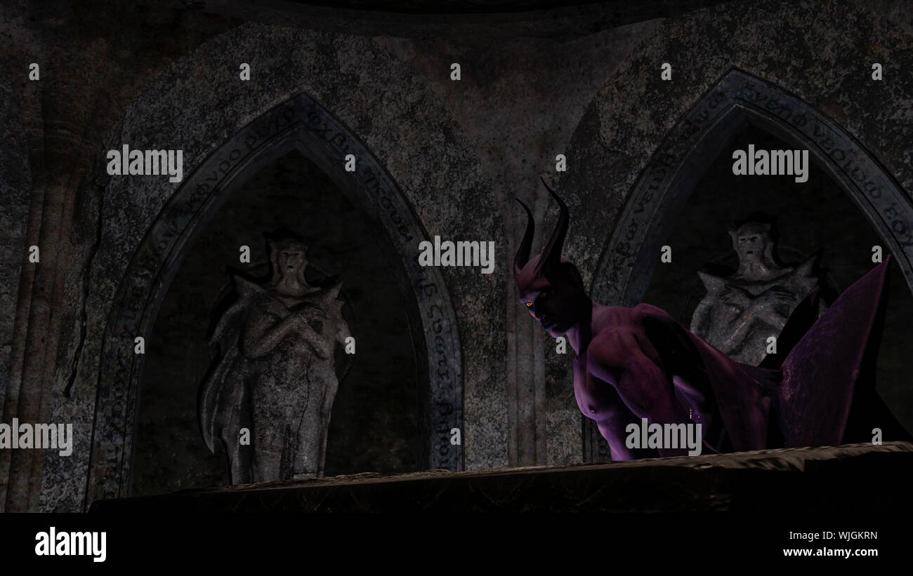 Fallen angel satan in a dark crypt - 3d rendering Stock Photo - Alamy