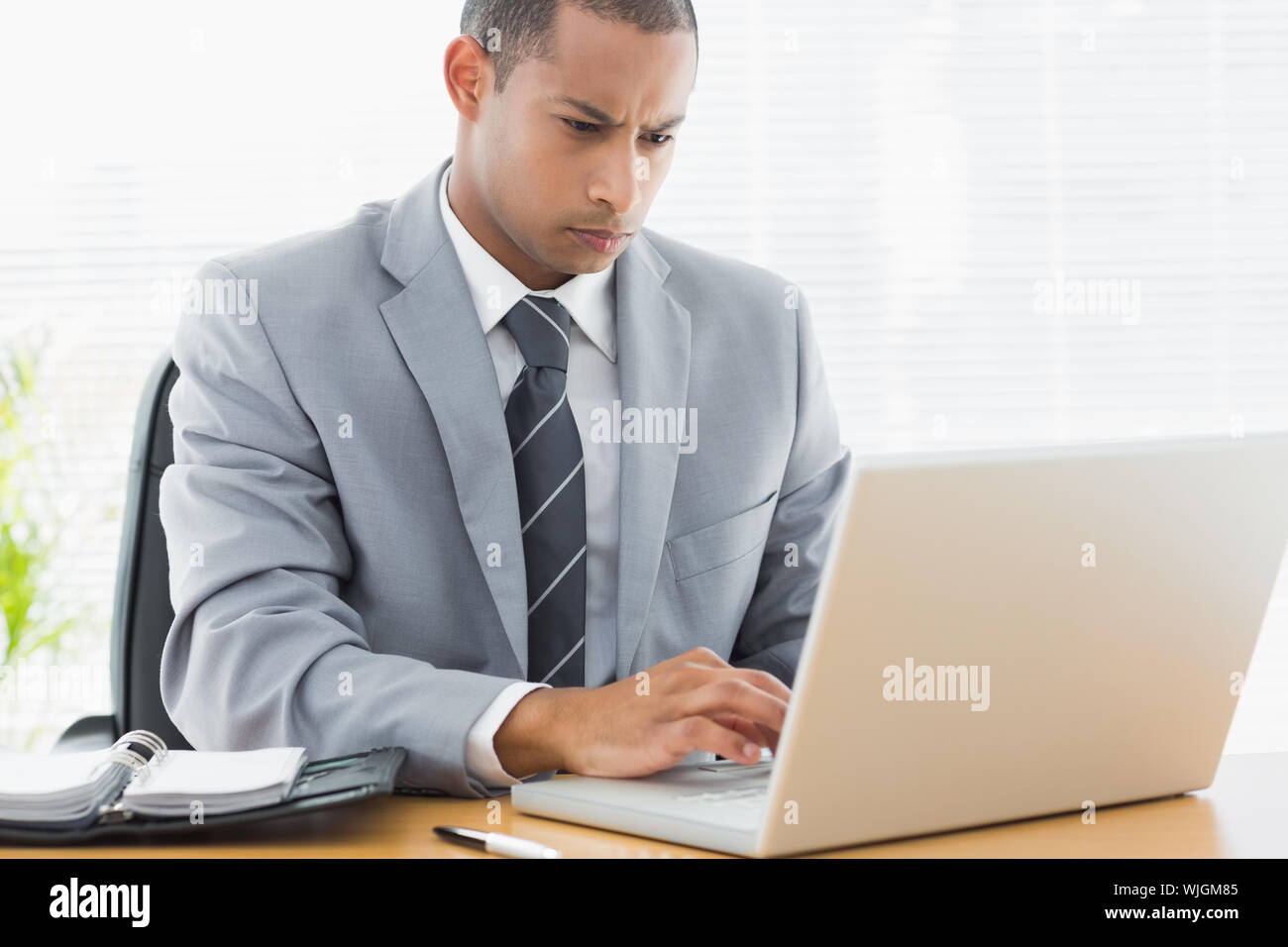 Concentrated young businessman using the laptop at office desk Stock ...