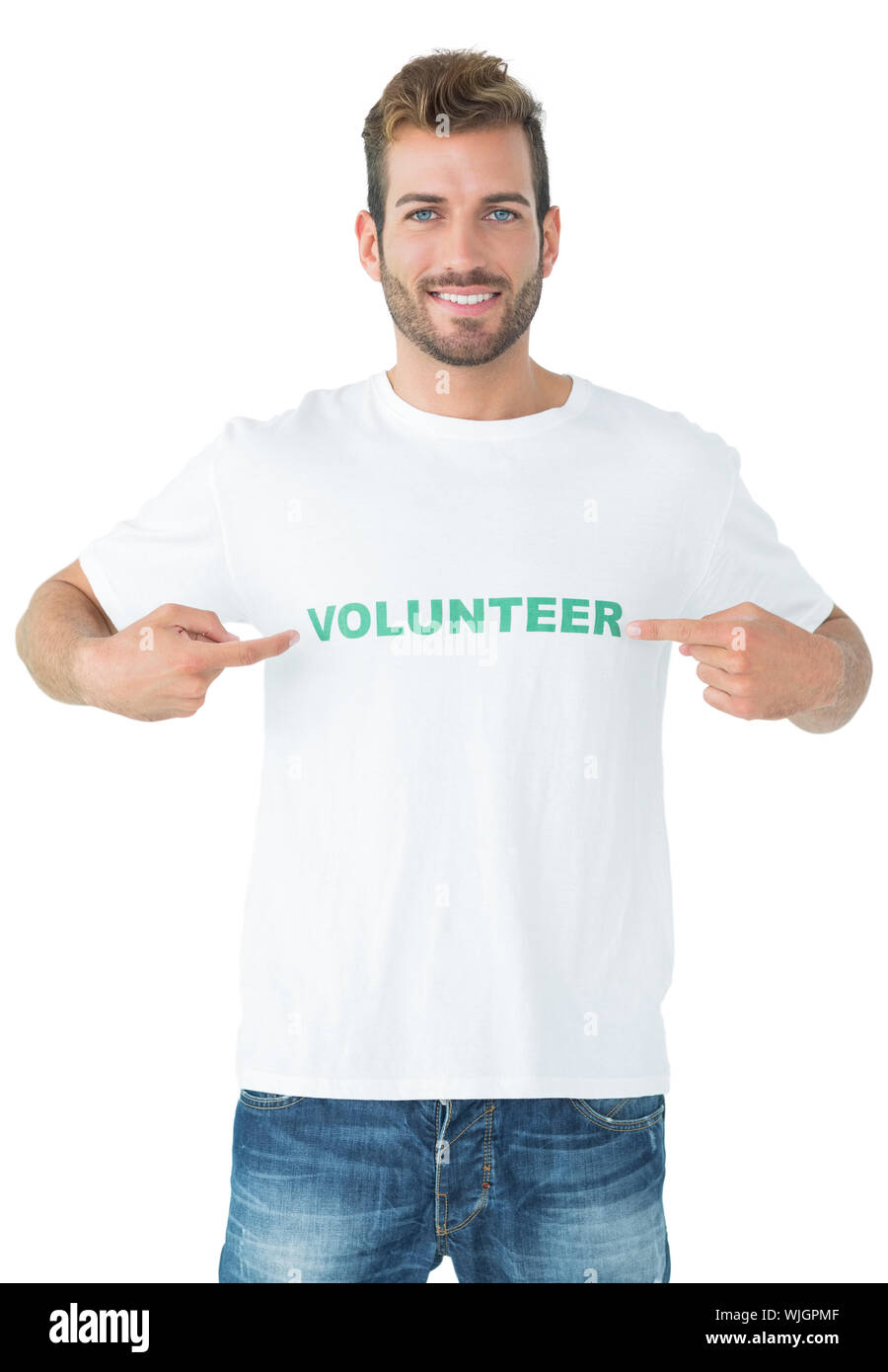Portrait of a happy male volunteer pointing to himself over white ...