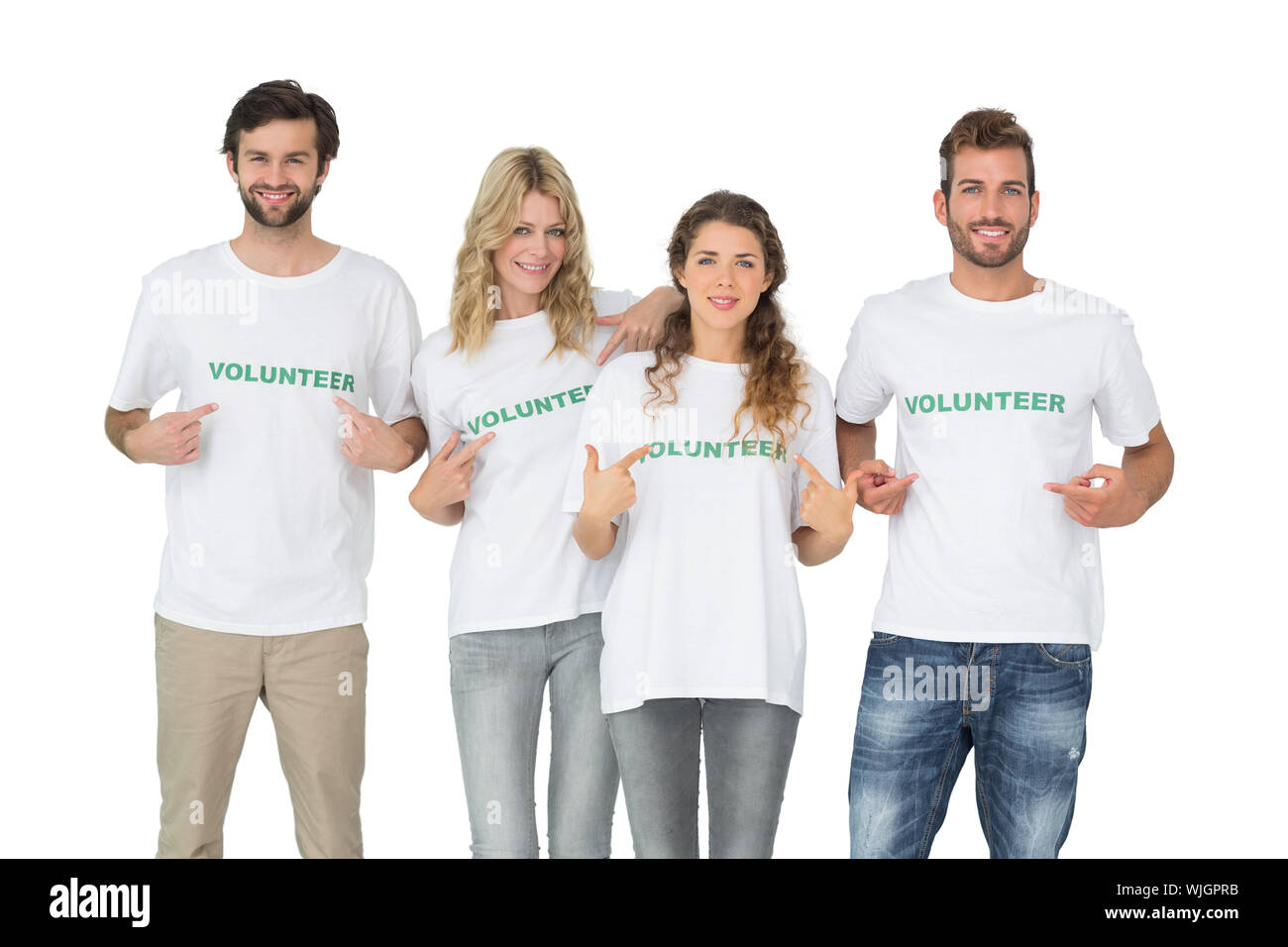Group portrait of happy volunteers pointing to themselves over white ...