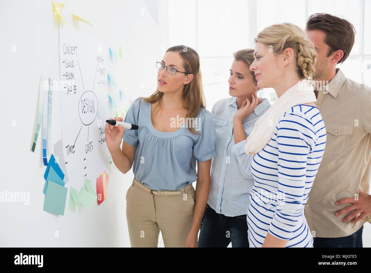 Group of artists in discussion in front of whiteboard at office Stock ...