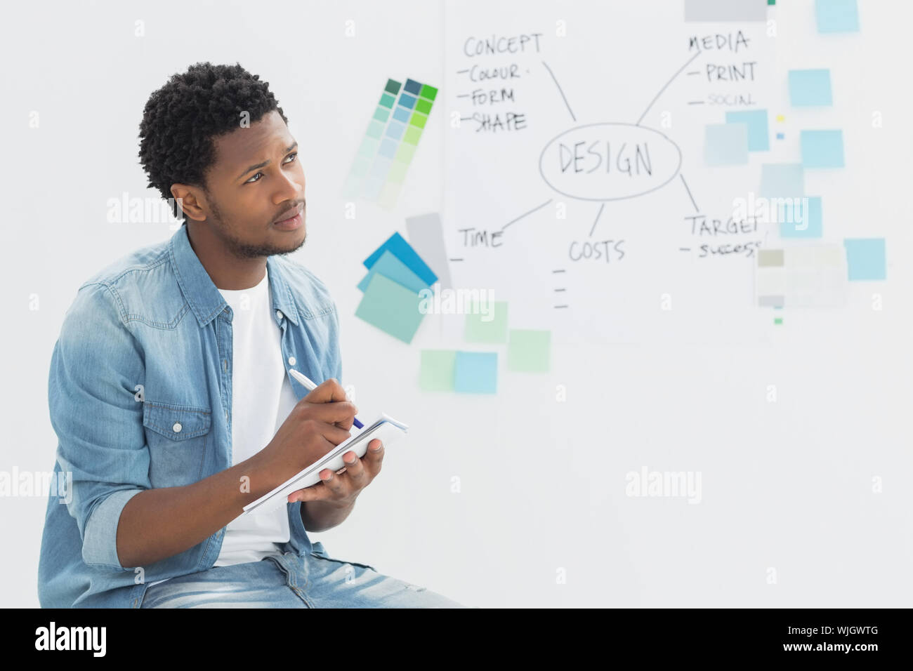 Thoughtful male artist writing notes in front of whiteboard at office ...