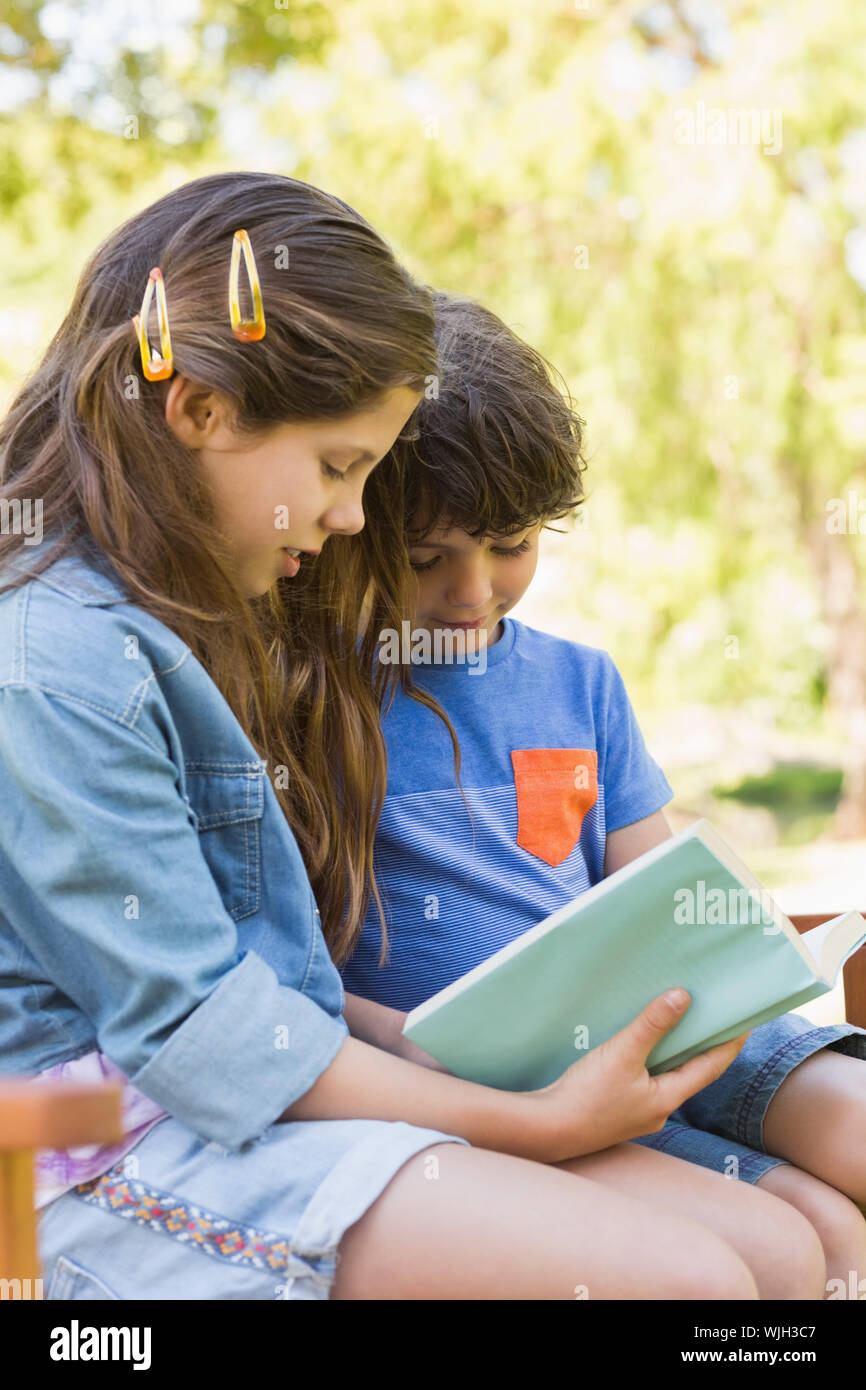 Side view of a young boy and girl reading book on park bench Stock ...