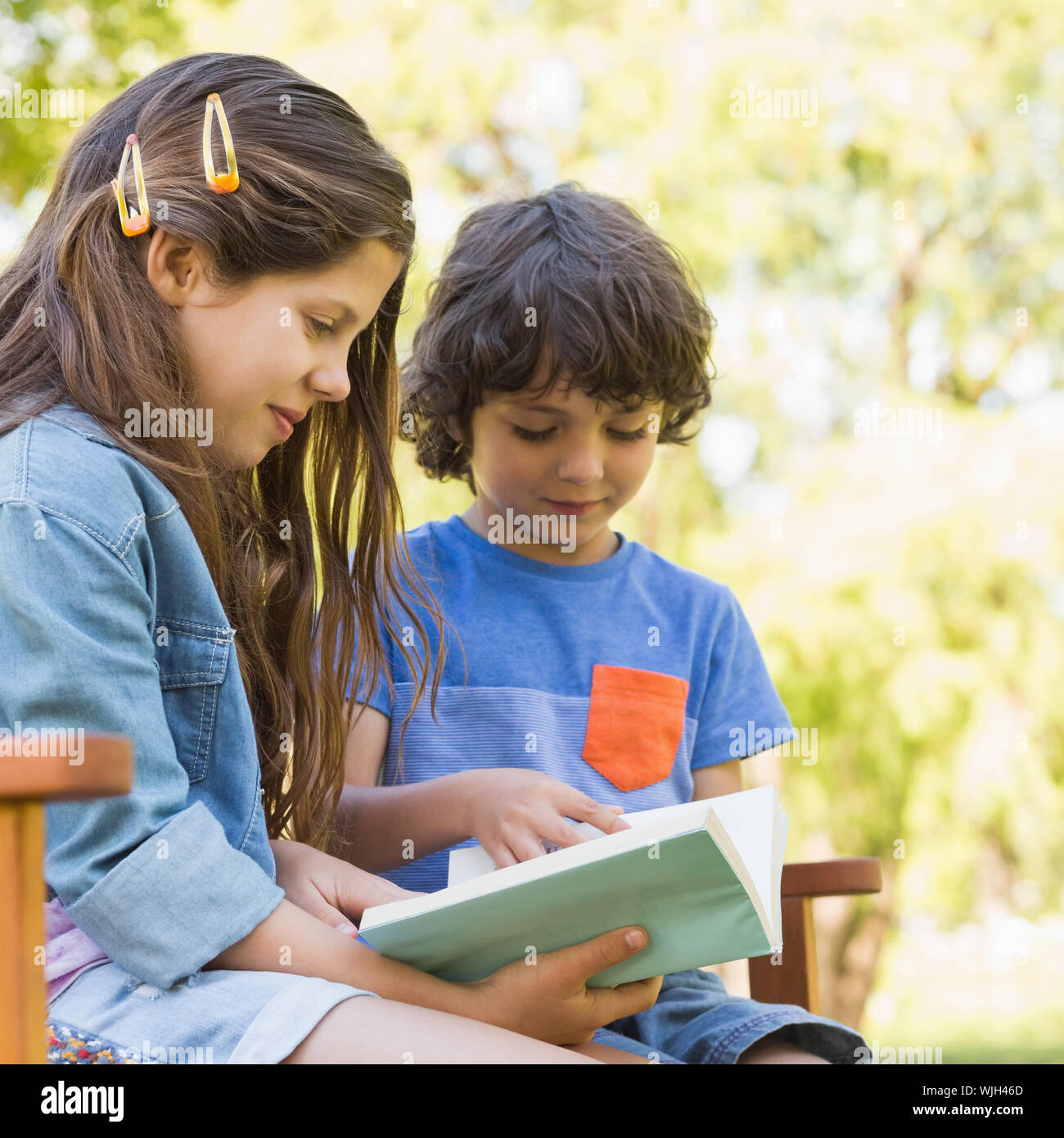 Side view of a young boy and girl reading book on park bench Stock ...