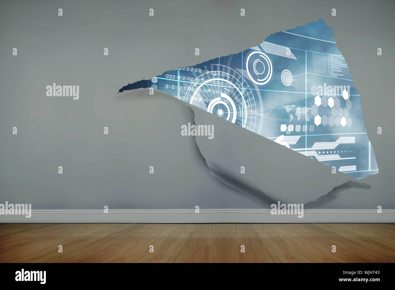 Rip on wall showing technology interface Stock Photo - Alamy