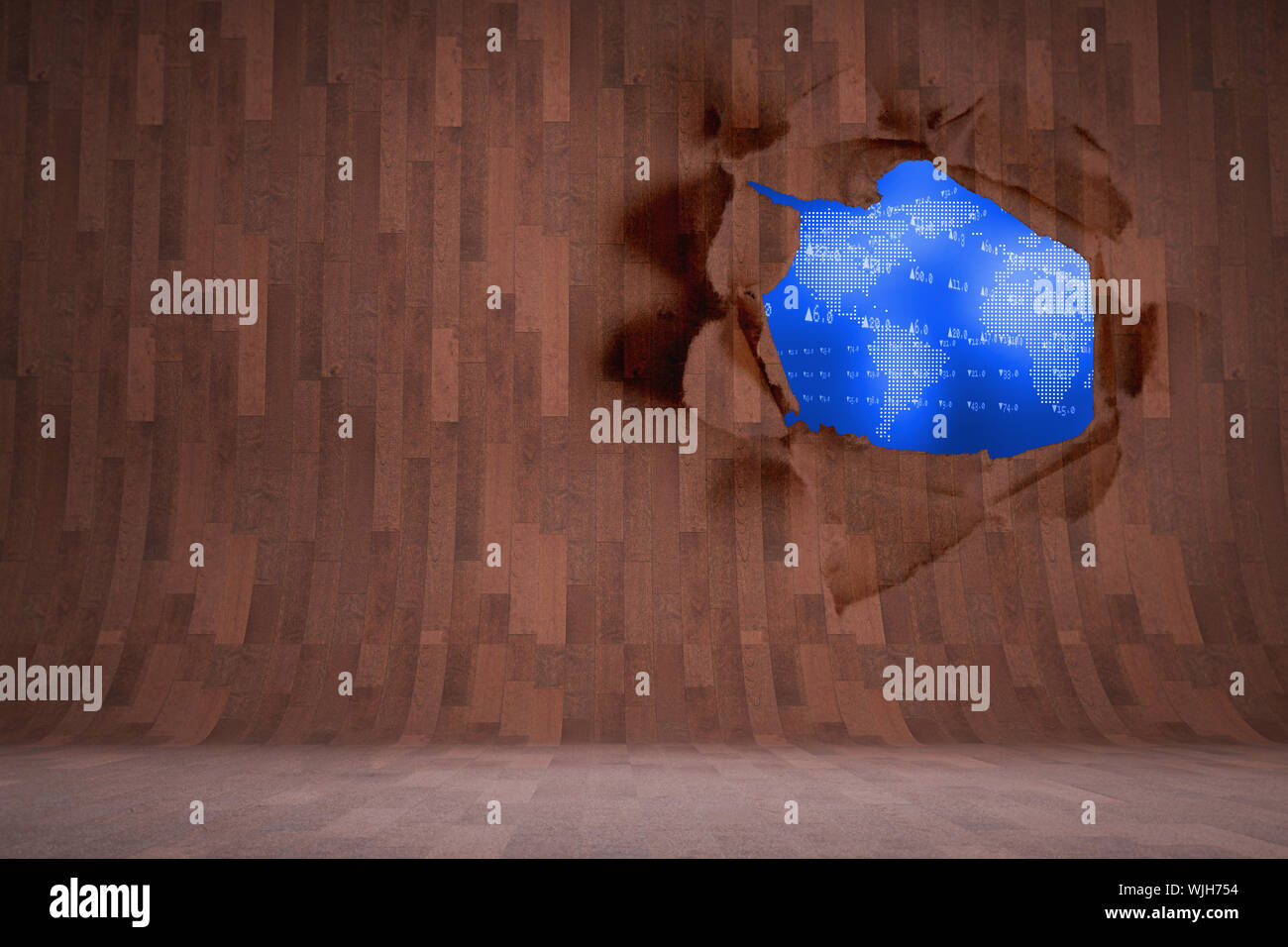 Rip on wall showing blue map Stock Photo - Alamy