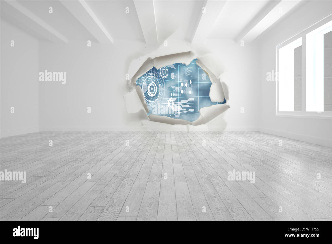 Rip on wall showing technology interface Stock Photo - Alamy
