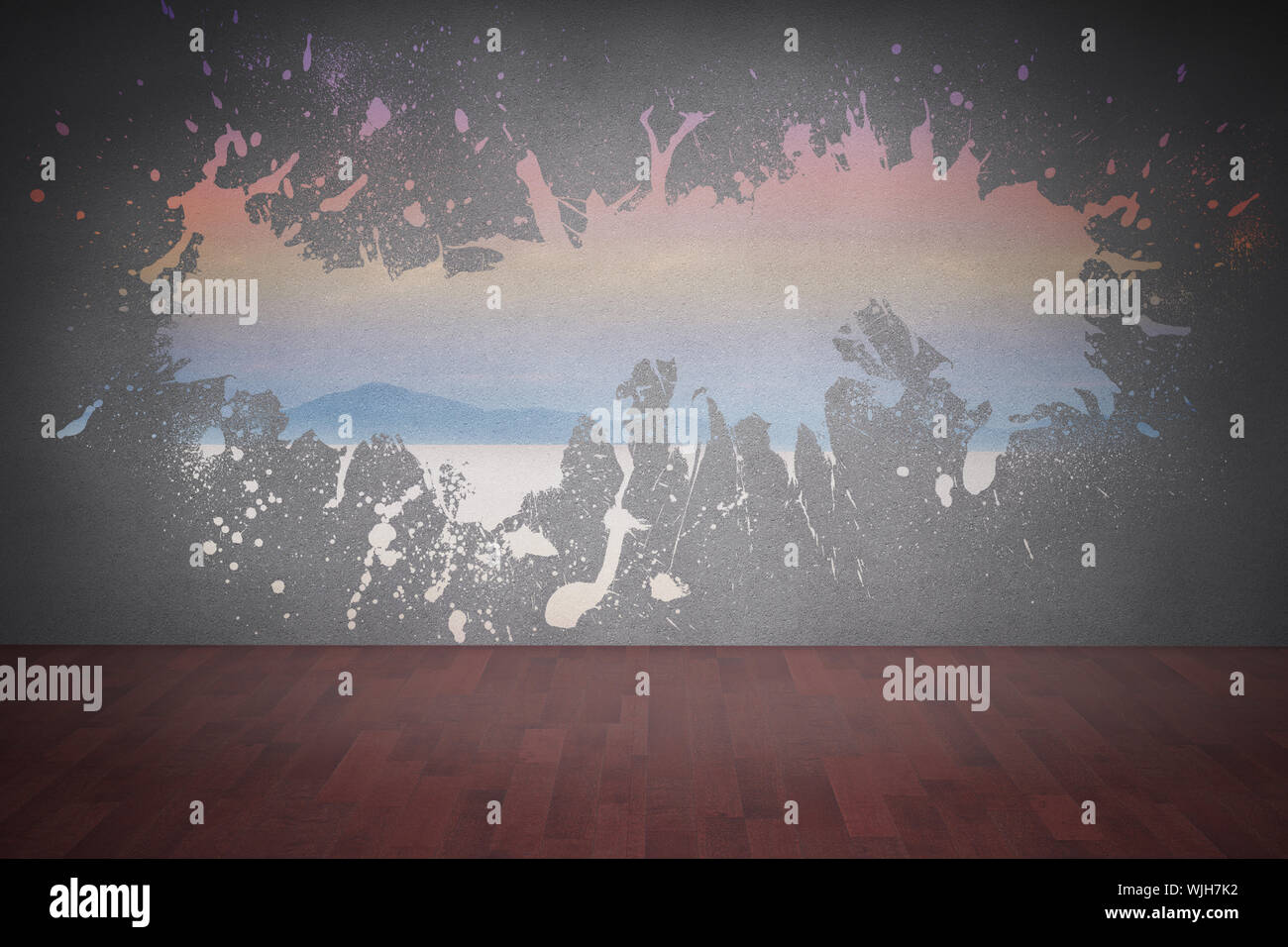 Splash on wall revealing desert landscape Stock Photo - Alamy
