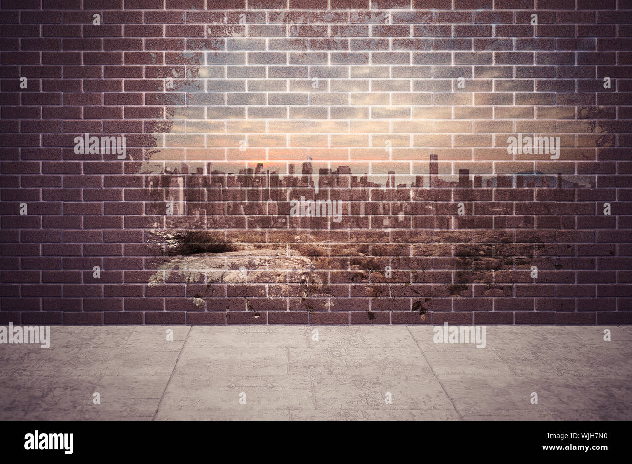 Splash on wall revealing cityscape Stock Photo - Alamy