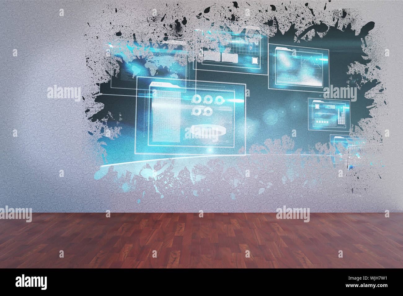 Splash on wall revealing technology interface Stock Photo - Alamy