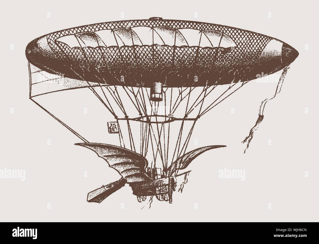 Historic flying airship with stearing device and two wings ...