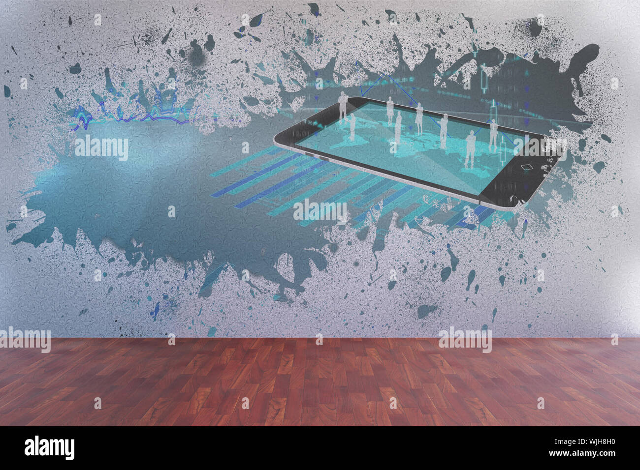 Splash on wall revealing technology interface Stock Photo - Alamy