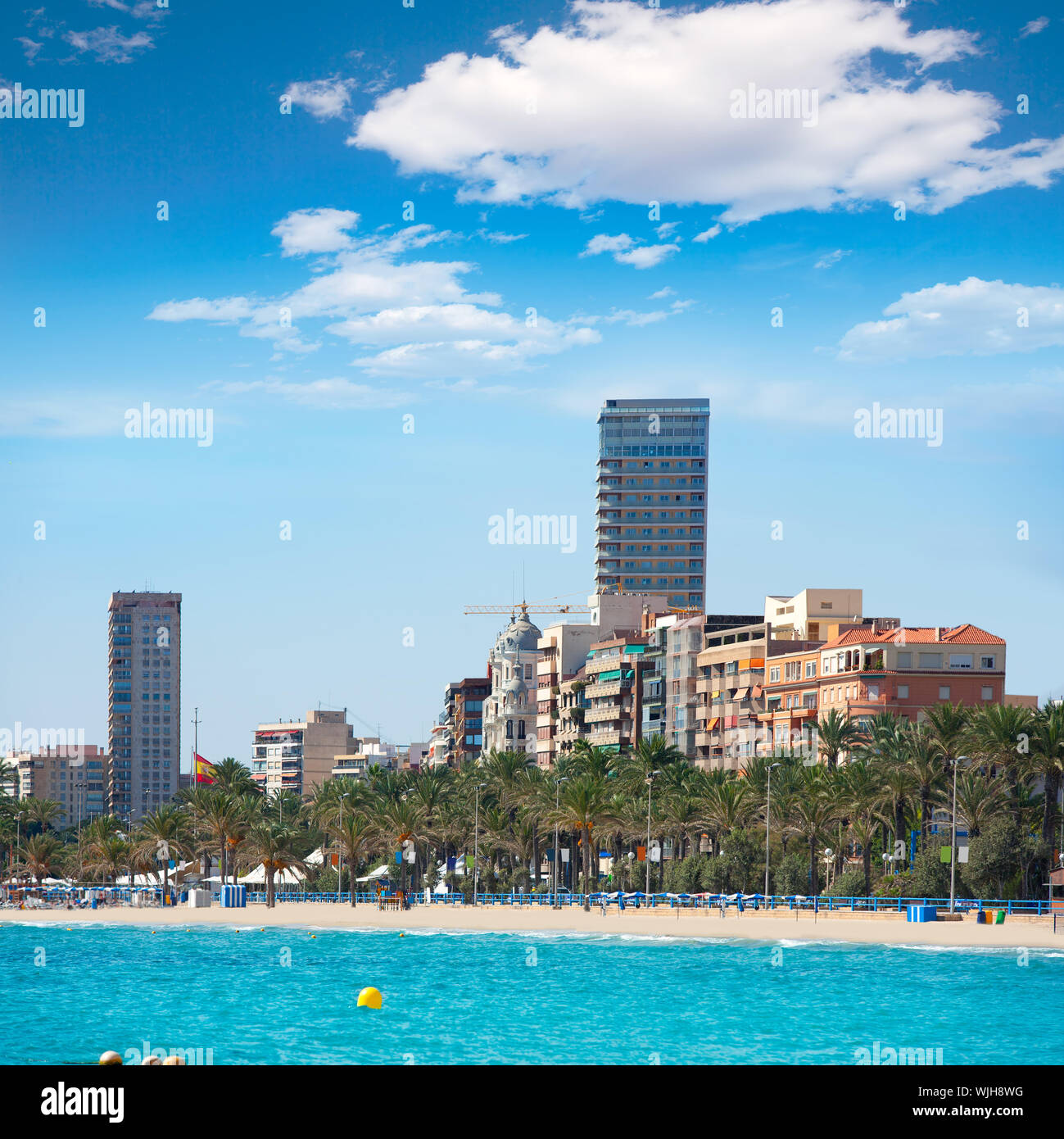 Alicante Playa el Postiguet beach downtown and Esplanada palm trees in ...