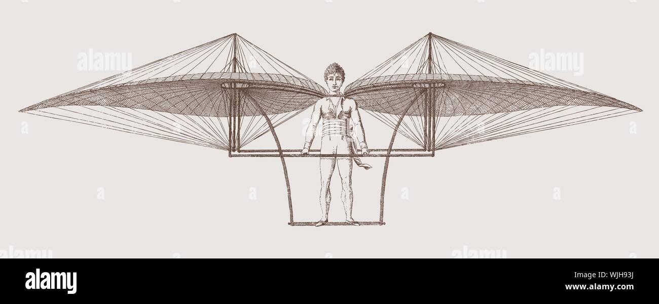 Historic man-powered flying machine with two movable wings ...